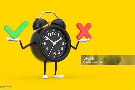 적십자 및 녹색 확인 마크와 알람 시계 문자 마스코트 확인 또는 거부 예 또는 아니오 아이콘 기호 3d 렌더링 결정에 대한 스톡 사진 및 기타 이미지 Istock