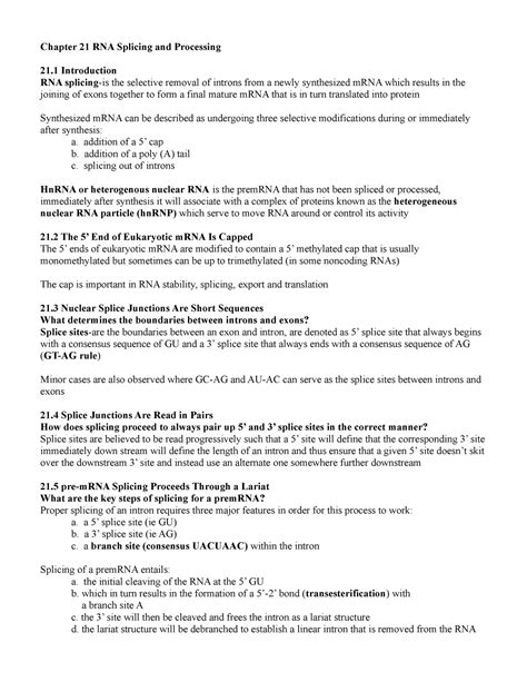 RNASplicingand Processing Chapter 21 RNA Splicing And Processing 21 Introduction RNA Splicing