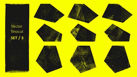 Linocut 릴리프 인쇄 벡터 다각형 오각형 사각형 모양 거친 질감 세트 Linocutting 질감 배경 텍스트 프레임 번들 페인트 롤러 얼룩 리노 잉크 지저분한 기하학적