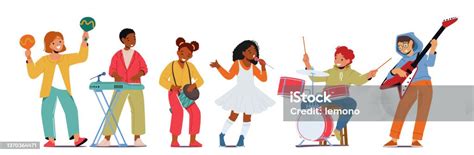 마라카스 신디사이저 드럼과 일렉트릭 기타를 연주하는 재능있는 작은 예술가 소녀와 소년은 현대 악기를 재생 아이에 대한 스톡 벡터 아트 및 기타 이미지 Istock