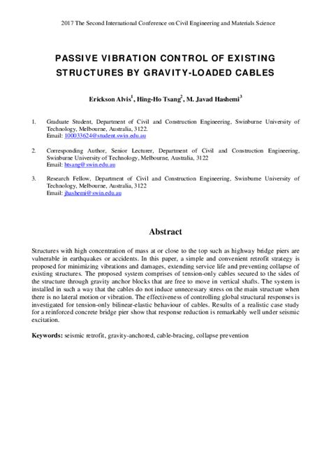 Pdf Passive Vibration Control Of Existing Structures By Gravity Loaded Cables