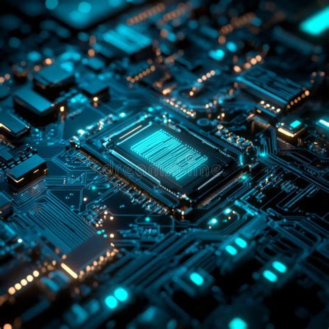 Futuristic Circuit Board With Glowing Connections And Microchip Highlighted In Neon Blue Light