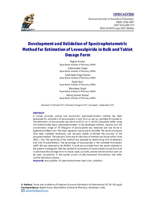 Pdf Development And Validation Of Spectrophotometric Method For Estimation Of Levosulpiride In