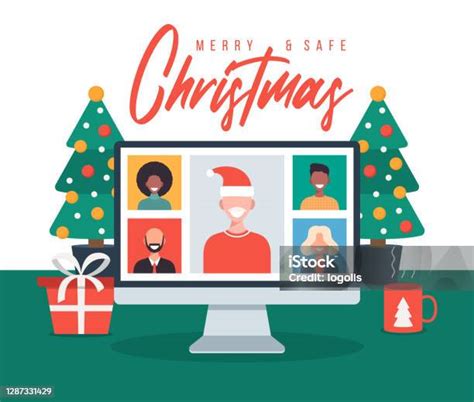 크리스마스 온라인 인사말 Pc 컴퓨터 가상 토론에서 가족 이나 친구와 온라인으로 만나는 사람들 화상 통화 메리 와 안전 크리스마스 사무실 책상 작업장 플랫 벡터 일러스트