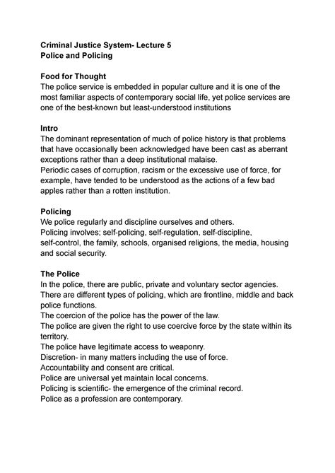Cjs Lecture 5 Criminal Justice System Lecture 5 Police And Policing Food For Thought The