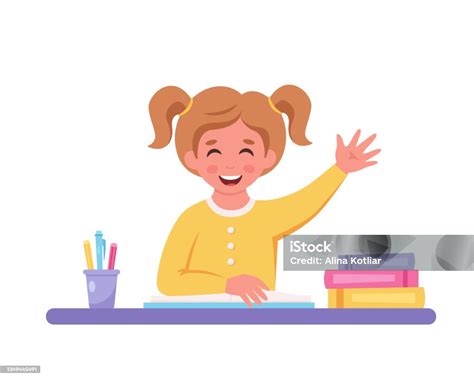 대답손을 들고 있는 소녀 학교 용품이 있는 책상에 앉아 있는 아이 초등학생 벡터 일러스트레이션 고등학교 이하에 대한 스톡 벡터 아트 및 기타 이미지 Istock