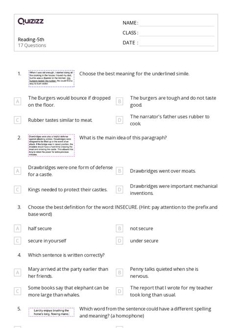 50 Reading Worksheets For 5th Year On Quizizz Free And Printable