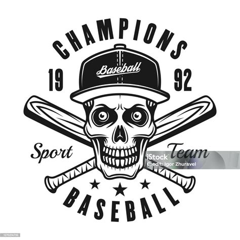 모자에 두개골과 흰색 배경에 고립 된 두 개의 교차 나무 박쥐야구 벡터 흑백 엠블럼 배지 라벨 또는 로고 Championship에 대한 스톡 벡터 아트 및 기타 이미지