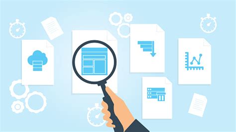 데이터베이스 서버 선도 파일 문서 연구 벡터 그림 검색 아이콘으로 문서작성합니다 파일 및 돋보기 분석 연구 기호입니다 벡터