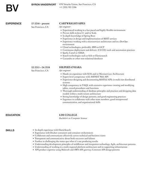 Api Engineer Resume Samples Velvet Jobs