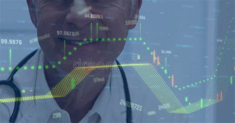Animation Of Graphs With Numbers Moving Over Smiling Caucasian Senior