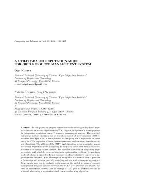 A Utility Based Reputation Model For Grid Resource Management System Computing And Informatics