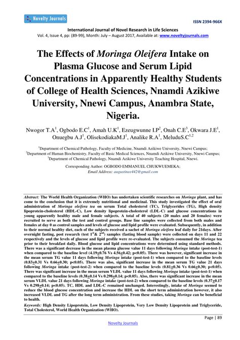 Pdf The Effects Of Moringa Oleifera Intake On Plasma Glucose And Serum Lipid Concentrations In