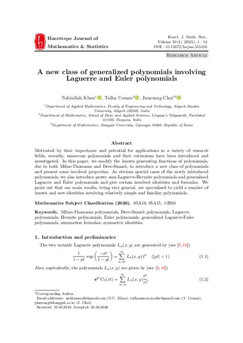 Pdf A New Class Of Generalized Polynomials Involving Laguerre And Euler Polynomials