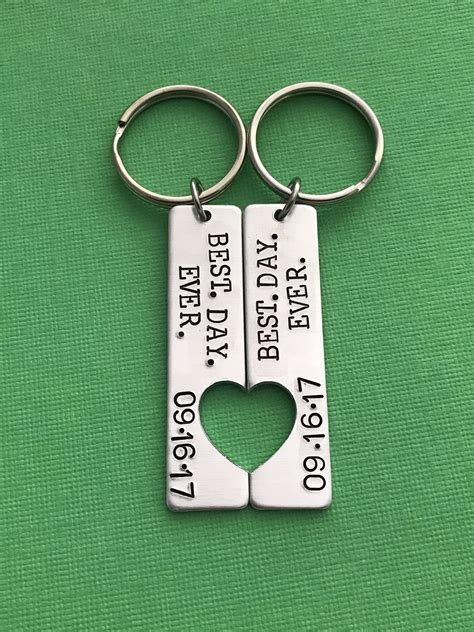 BEST DAY EVER Wedding Key Chain Set Hand Stamped Matching Key Chains Set Couples Set Heart
