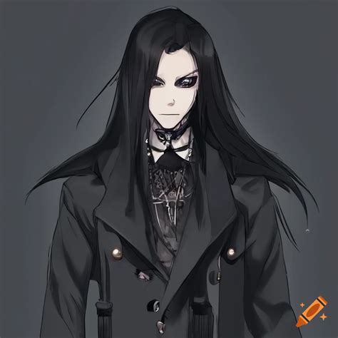 Goth Male Character With Long Black Hair And Trenchcoat Holding A