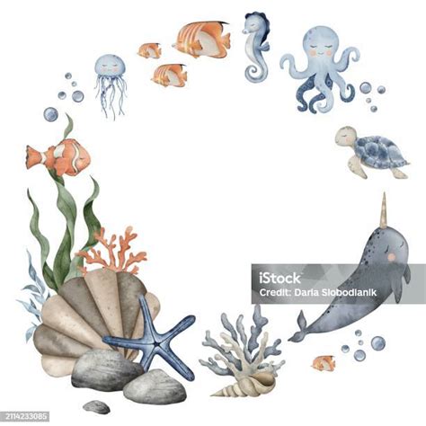 범고래 해파리 일각고래 해마 산호 및 해초 조류의 Wreat 손으로 그린 수채화 그림입니다 마린 열대 컬렉션 카드 베이비 샤워 인쇄 배너 거북이에 대한 스톡 벡터 아트 및
