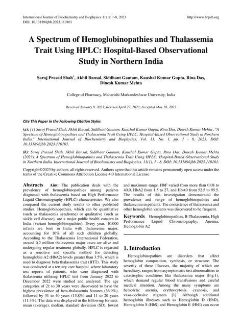 Pdf A Spectrum Of Hemoglobinopathies And Thalassemia Trait Using Hplc Hospital Based