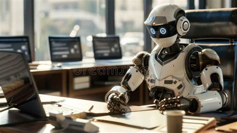 Ai Generated Illustration Of A Humanoid Robot Sitting At A Desk Engaged In A Collaborative Task