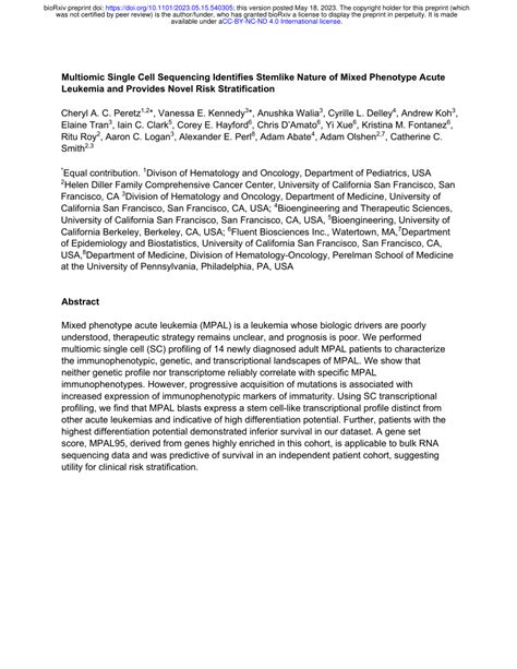 Pdf Multiomic Single Cell Sequencing Identifies Stemlike Nature Of Mixed Phenotype Acute