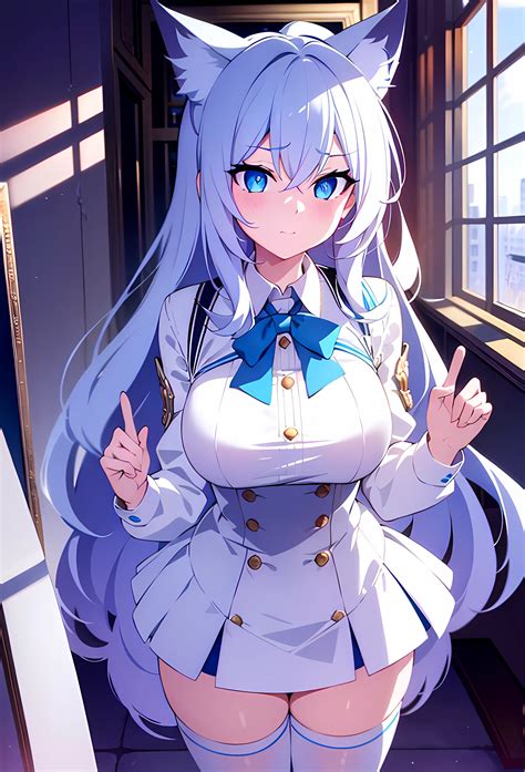 파란 눈과 고양이 귀를 가진 하얀 드레스를 입은 애니메이션 소녀 SeaArt AI
