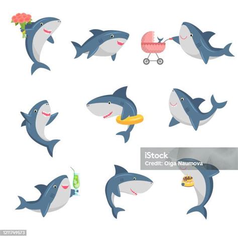 다른 행동에 귀여운 만화 상어의 집합입니다 평면 만화 스타일의 벡터 일러스트레이션입니다 상어상목에 대한 스톡 벡터 아트 및 기타 이미지 상어상목 귀여운 0명 Istock