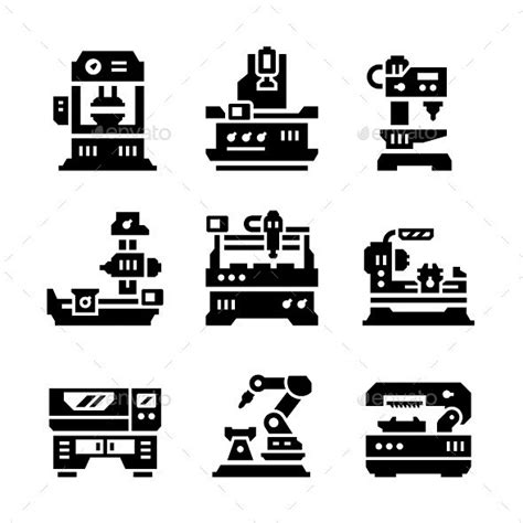 机床——人造物体对象的设置图标set Icons Of Machine Tool Man Made Objects Objects自动化、数控、钻、工程、设备、工厂、磨削、困难 液压、图标