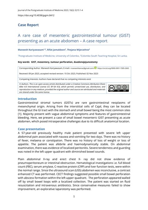 Pdf A Rare Case Of Mesenteric Gastrointestinal Tumor Gist Presenting As An Acute Abdomen A