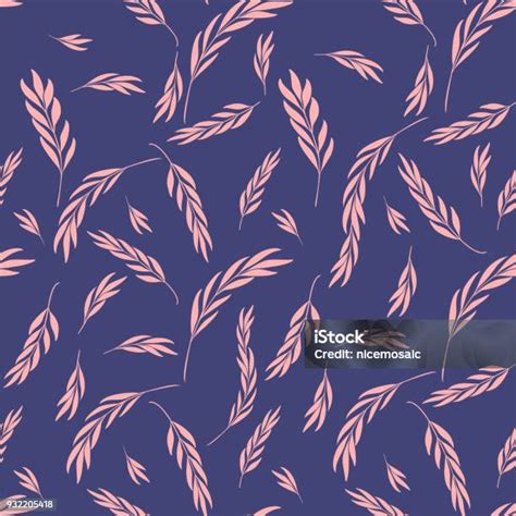 벡터 완벽 한 패턴입니다 그래픽 나뭇잎과 나뭇가지와 꽃 세련 된 배경입니다 파란색 배경에 잎의 핑크 지점입니다 인쇄와 옷감 직물 및 캔버스 질감 벽지 커버 포장 또는 다른