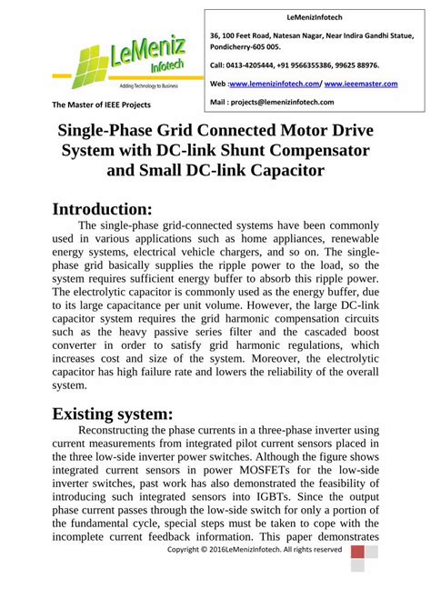 Pdf Single Phase Grid Connected Motor Drive System With Dc Link Shunt Compensator And Small Dc