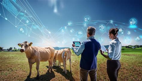 A Hightech Cattle Monitoring System In Use At A Modern Farm Showing Farmers Using Technology