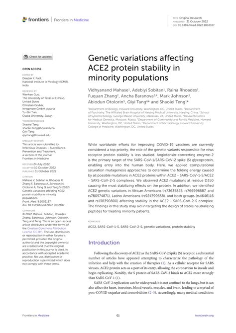 Pdf Genetic Variations Affecting Ace2 Protein Stability In Minority