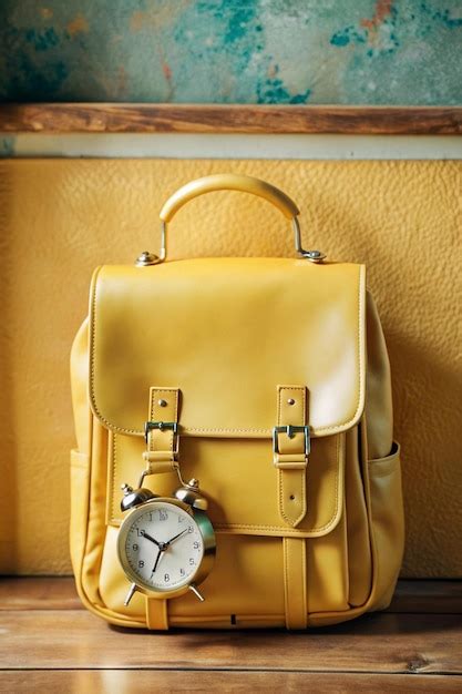 A Leather Backpack With A Clock On It And A Pocket Watch On It