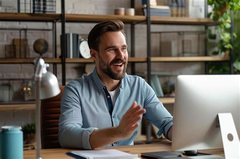 Premium Photo A Man Sitting At A Desk In Front Of A Computer