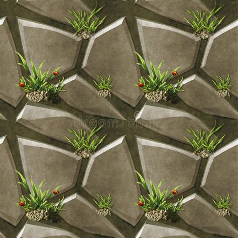 Seamless Stone Pavement Pattern With Grass Clay And Ladybugs Stock