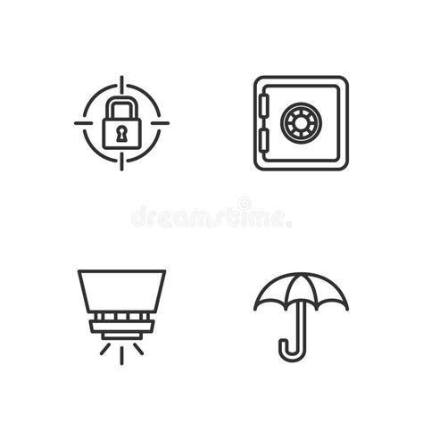 Set Line Umbrella Fire Sprinkler System Lock And Safe Icon Vector
