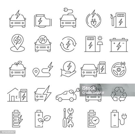 전기 자동차 관련 라인 아이콘의 집합입니다 편집 가능한 스트로크입니다 간단한 윤곽선 아이콘입니다 아이콘에 대한 스톡 벡터 아트