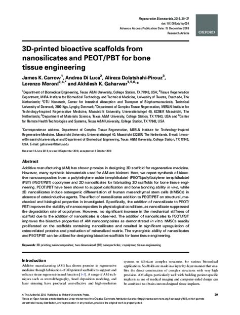 Pdf 3d Printed Bioactive Scaffolds From Nanosilicates And Peotpbt For Bone Tissue Engineering
