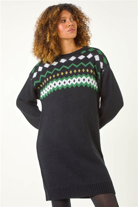 Black Nordic Print Knitted Jumper Dress Roman Uk