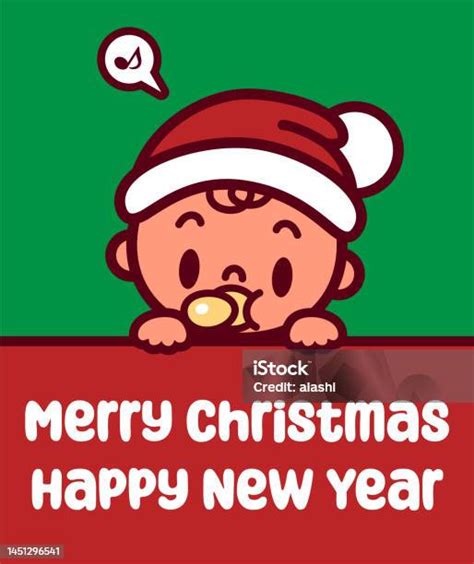 산타 모자를 쓴 귀여운 아기가 표지판을 들고 메리 크리스마스와 새해 복 많이 받으세요 아기에 대한 스톡 벡터 아트 및 기타 이미지 아기 웹 배너 12월 31일