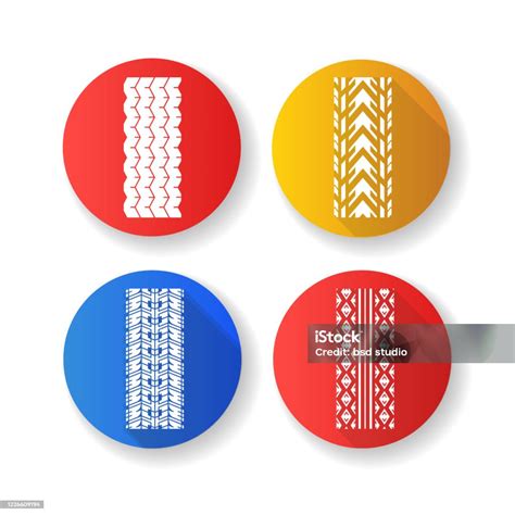 트랙은 플랫 디자인 긴 그림자 문말 아이콘 세트를 인쇄합니다 상세한 자동차 오토바이 자전거 타이어 마크 자동차 여름과 겨울 휠 트레이스 차량 타이어 트레일 실루엣 Rgb