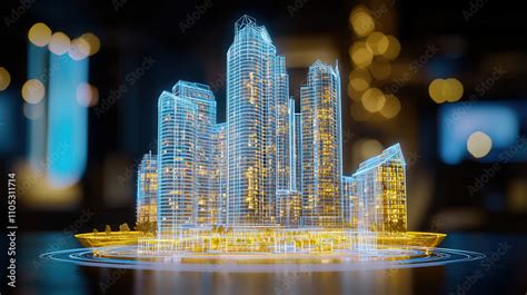 Detailed Holographic Blueprint Of High Rise Building Showcasing