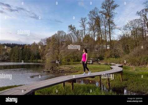 Woman Walking On A Wooden Path With Green Trees In Shoreline Trail