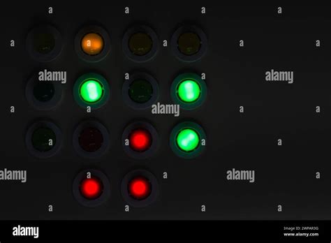 Dark Industrial Control Panel With Colorful Illuminated Buttons At Night Stock Photo Alamy