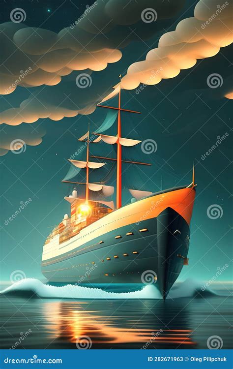 Low Polyhuge Ship In The Ocean Night Scene Ai Generated Stock