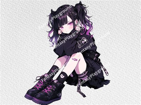 Gothic Anime Girl Clipart Bundle Sitting Pose Transparent Background Pngs For Commercial Use