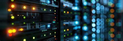 Dark Data Center Server Rack Illuminated By Flashing Leds Closeup Of