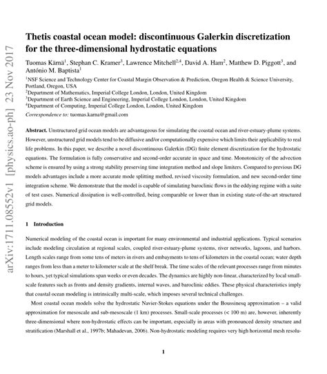 Pdf Thetis Coastal Ocean Model Discontinuous Galerkin Discretization For The Three