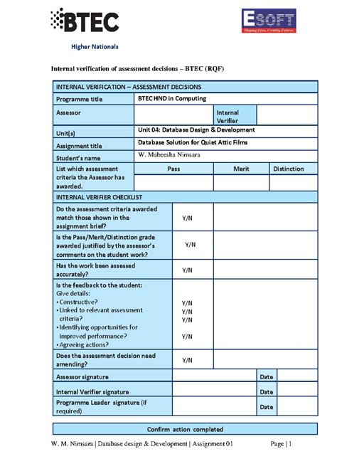 database assignment higher nationals internal verification of