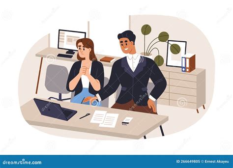 Sexual Harassment At Work Concept Man Employee Touching Harassing Woman Colleague At Workplace